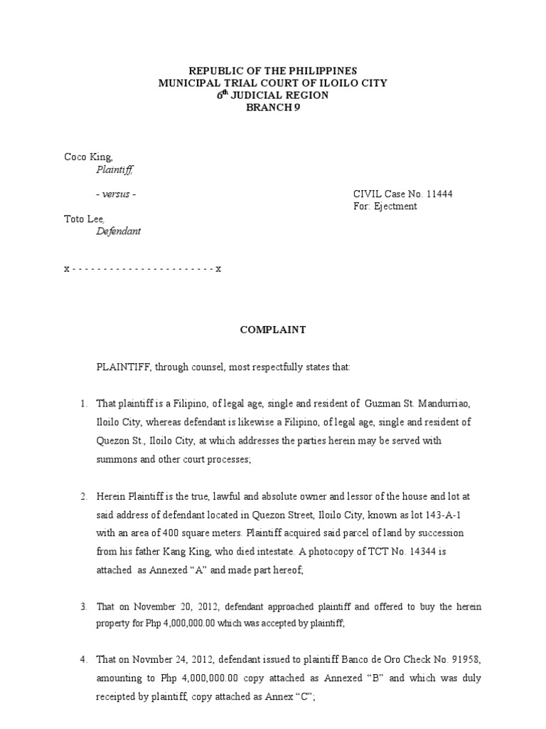 Complaint - Ejectment | Lawsuit | Complaint