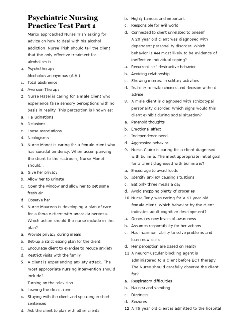 Practice Test Psychiatric Nursing 150 Items | PDF | Psychological ...