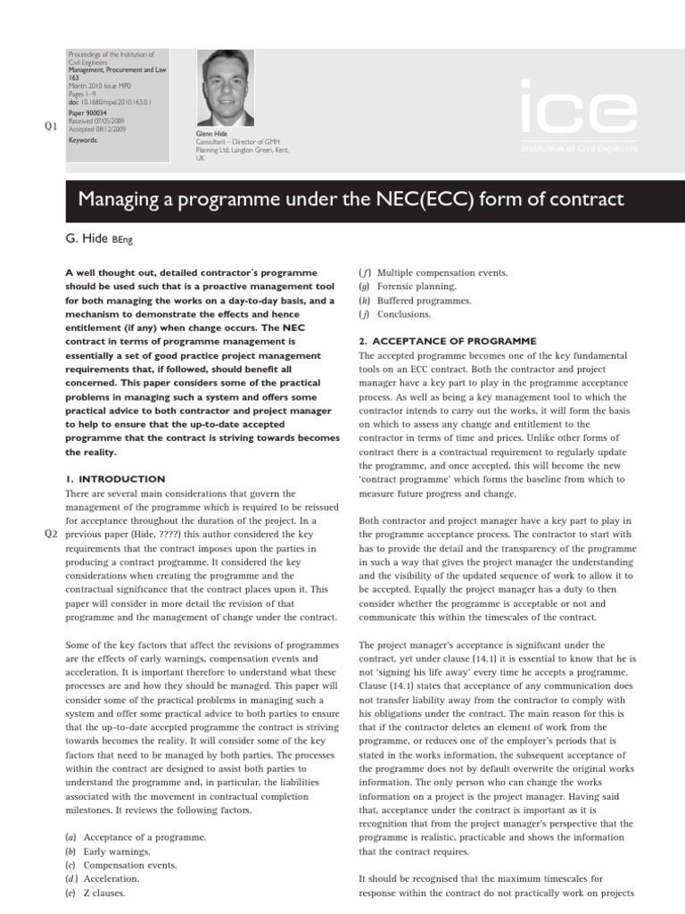 MPL Article Managing An NEC3 Programme | PDF | Precedent | Risk