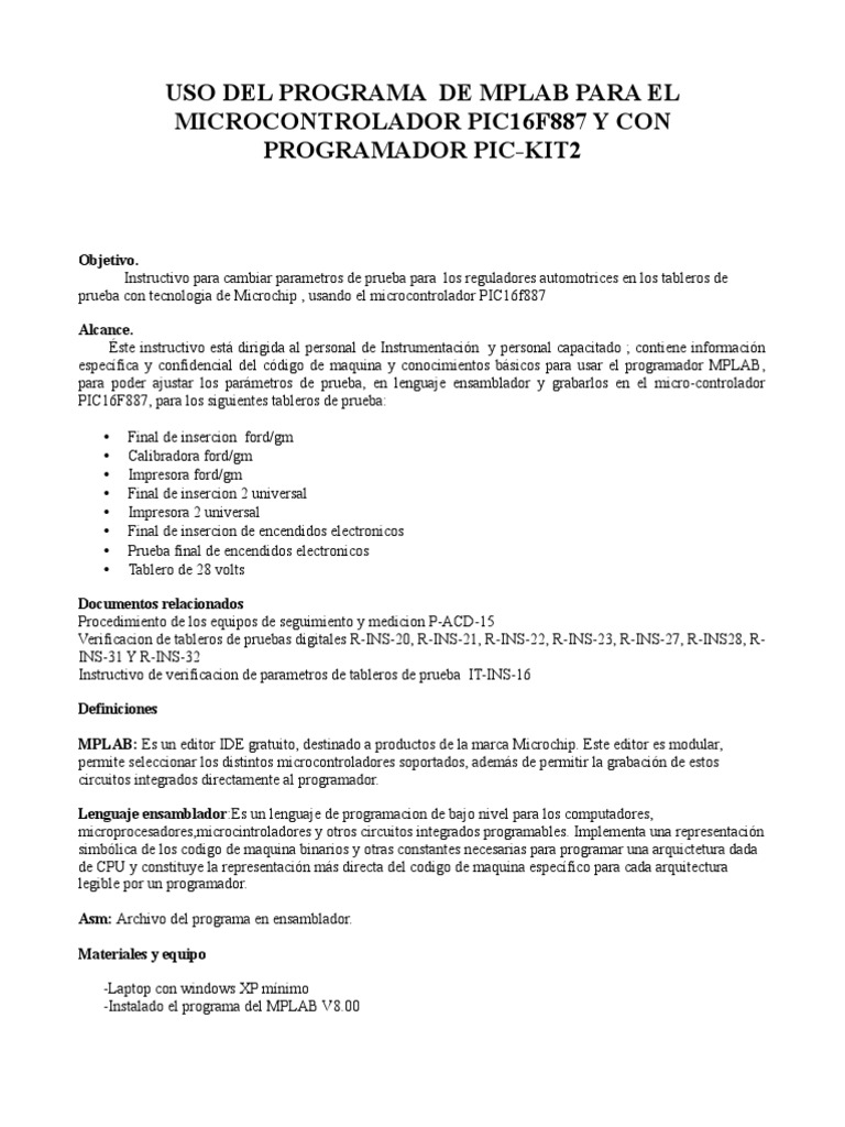 Uso Del Programa de Mplab para El Microcontrolador Pic16f887 y Con Programador Pic-Kit2 | PDF ...