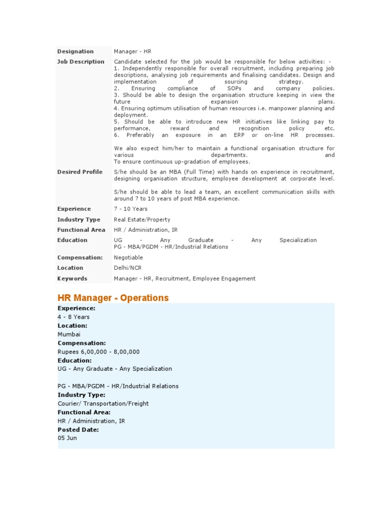 HR Manager - Operations: Designation Job Description | PDF