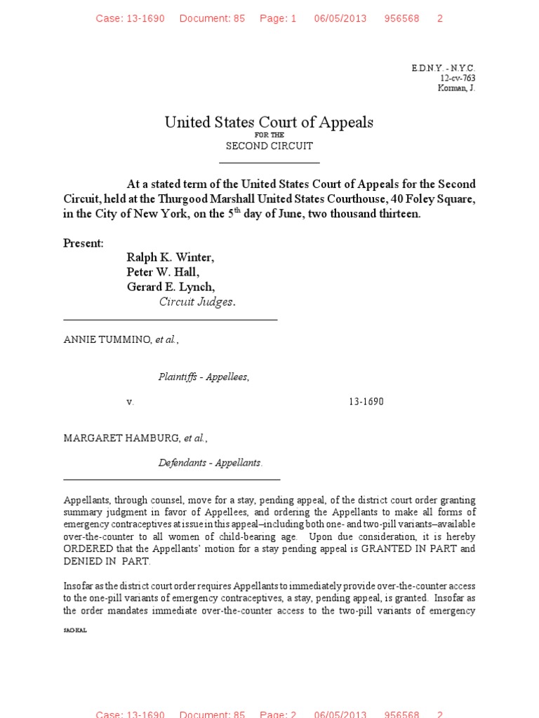2nd Circuit Court of Appeals Stay Order On Emergency Contraception | PDF