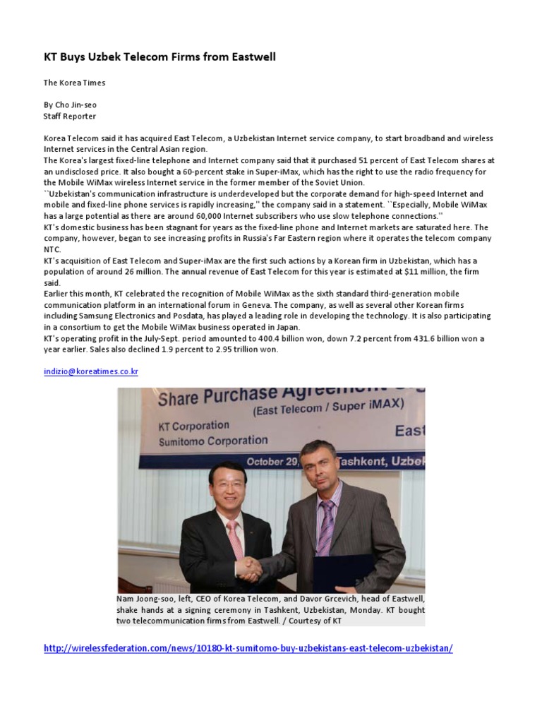 KT Acquires Uzbek Telecom Firms | PDF