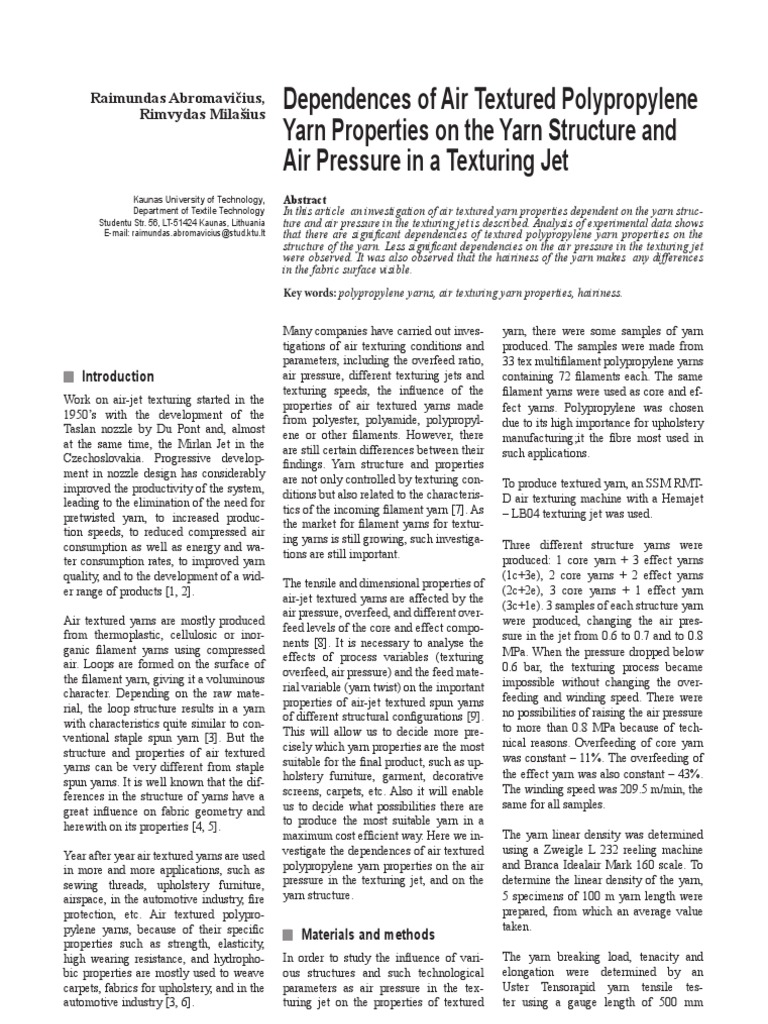 Dependences of Air Textured Polypropylene Yarn Properties On The Yarn ...