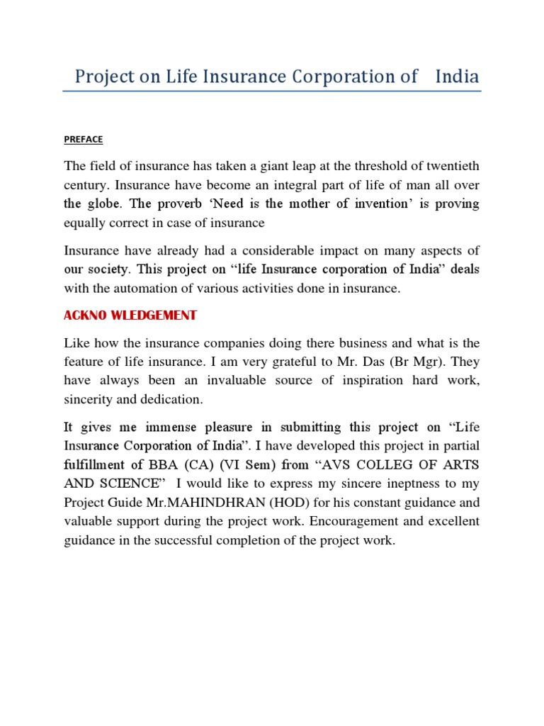 Life Insurance Corporation of India Project | PDF | Insurance ...