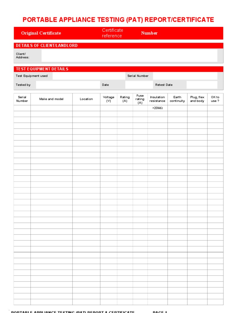 Pat Test Certificate Template