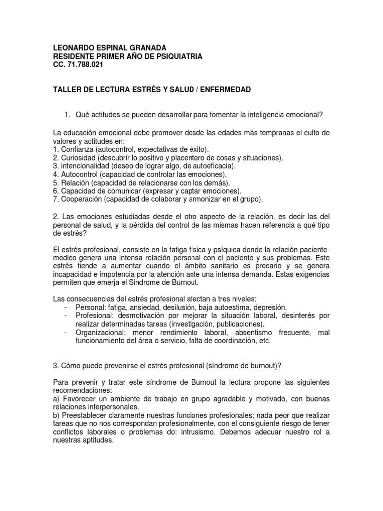 Taller de Lectura Estrés y Salud | PDF | Estrés (biología ...