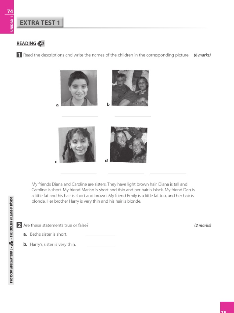 Extra Test 1: Read The Descriptions and Write The Names of The Children ...