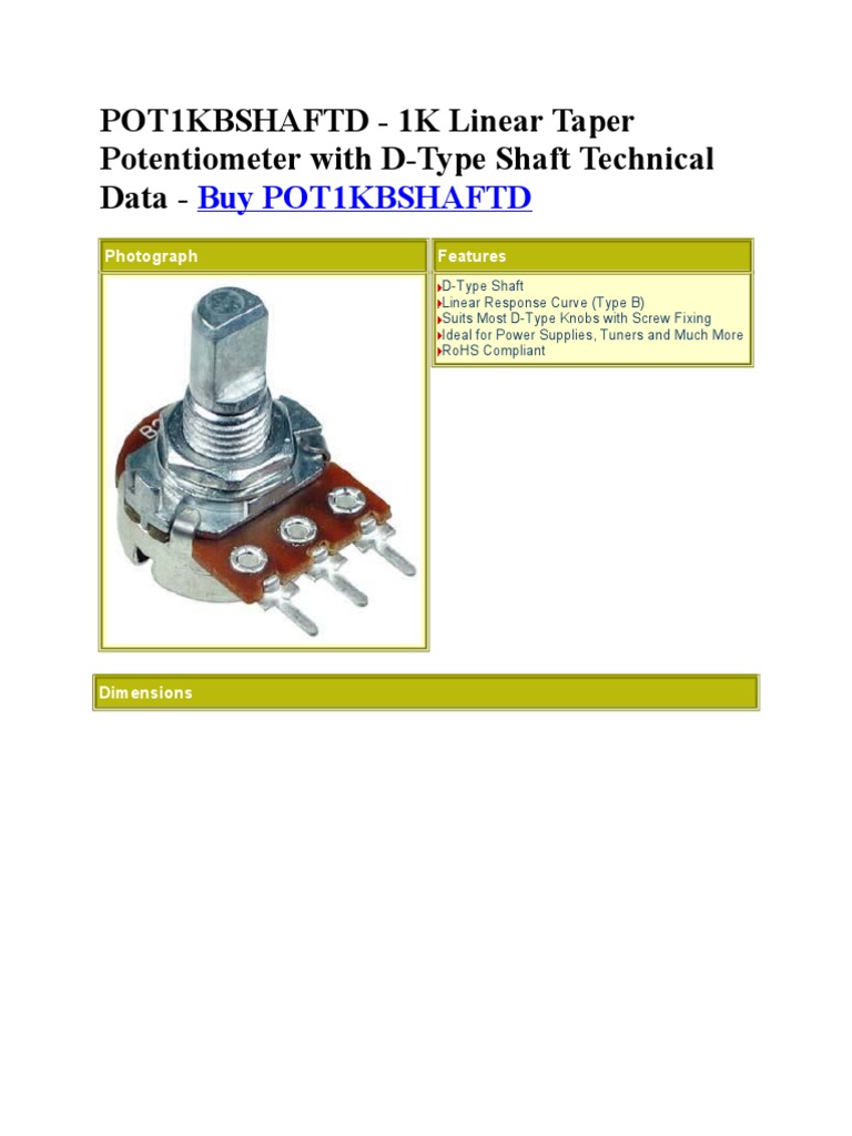 Buy Pot1Kbshaftd: POT1KBSHAFTD - 1K Linear Taper Potentiometer With D ...
