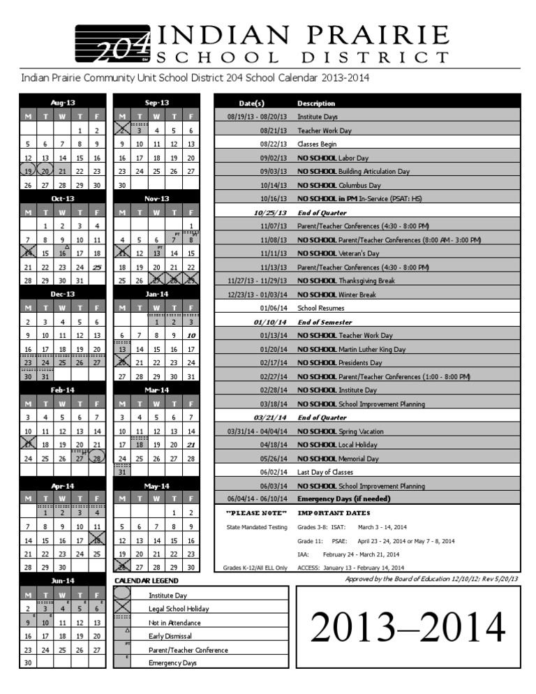 Indian Prairie Community Unit School District 204 School Calendar 2013 ...