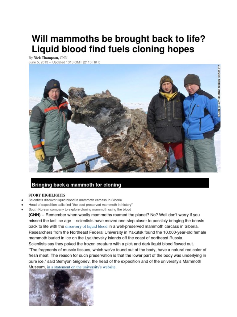Will Mammoths Be Brought Back To Life | PDF | Biology | Nature