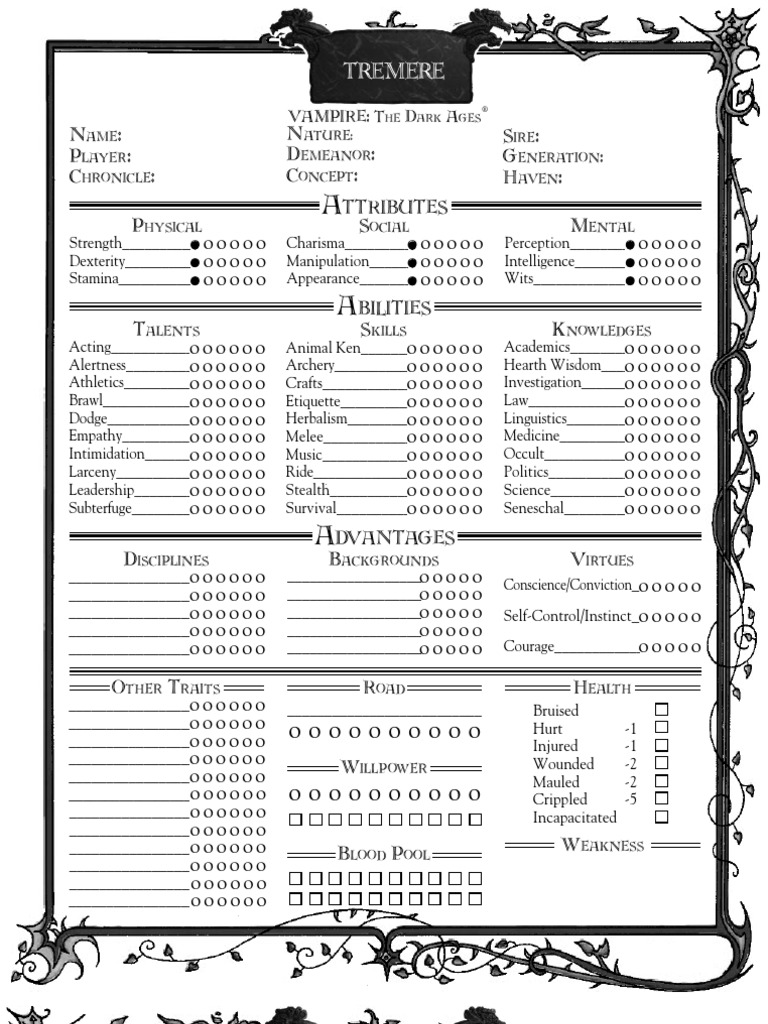 WOD - Vampire - The Dark Ages - Character Sheet - Tremere | PDF ...