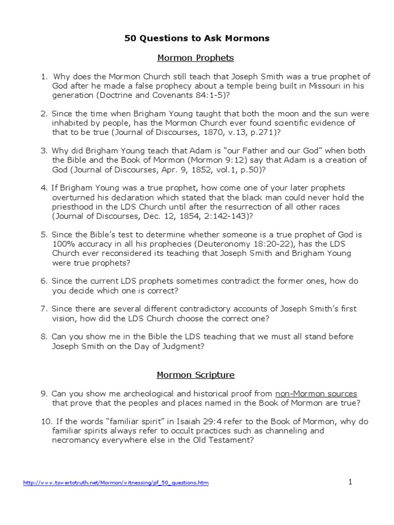 50 Questions for Mormons' Beliefs | PDF | The Church Of Jesus Christ Of ...