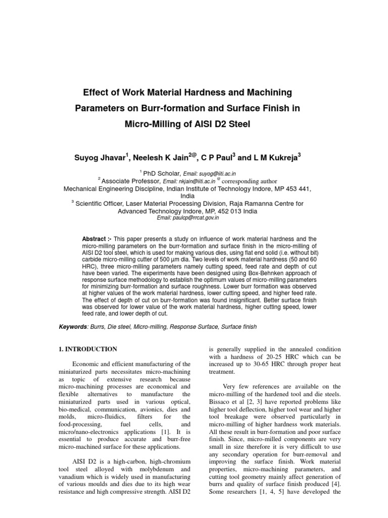 Effect of Work Material Hardness and Machining Parameters On Burr ...