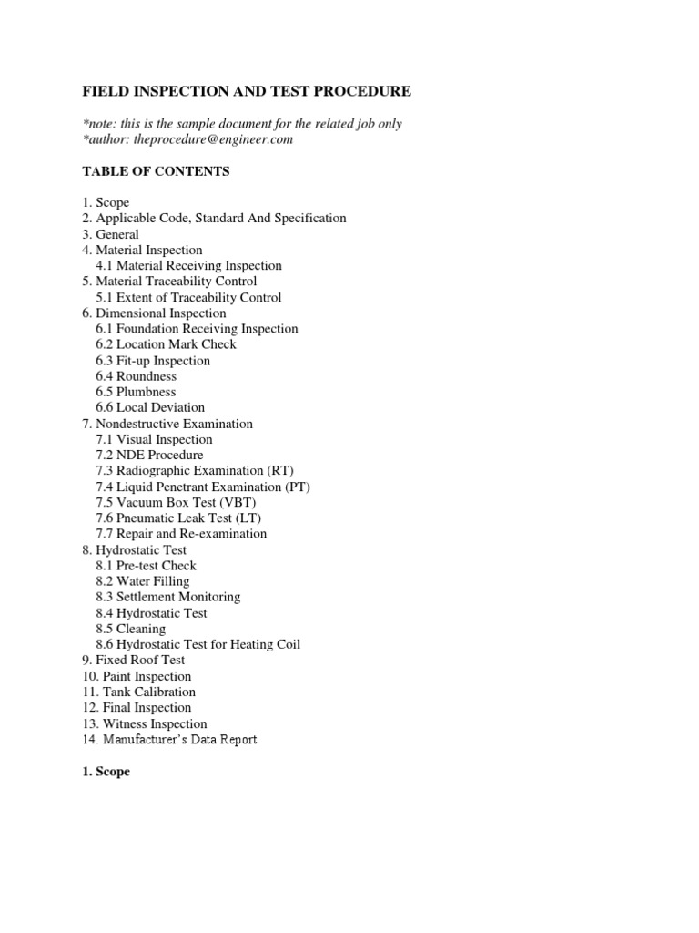 Field Inspection and Test Procedure - Tank | PDF