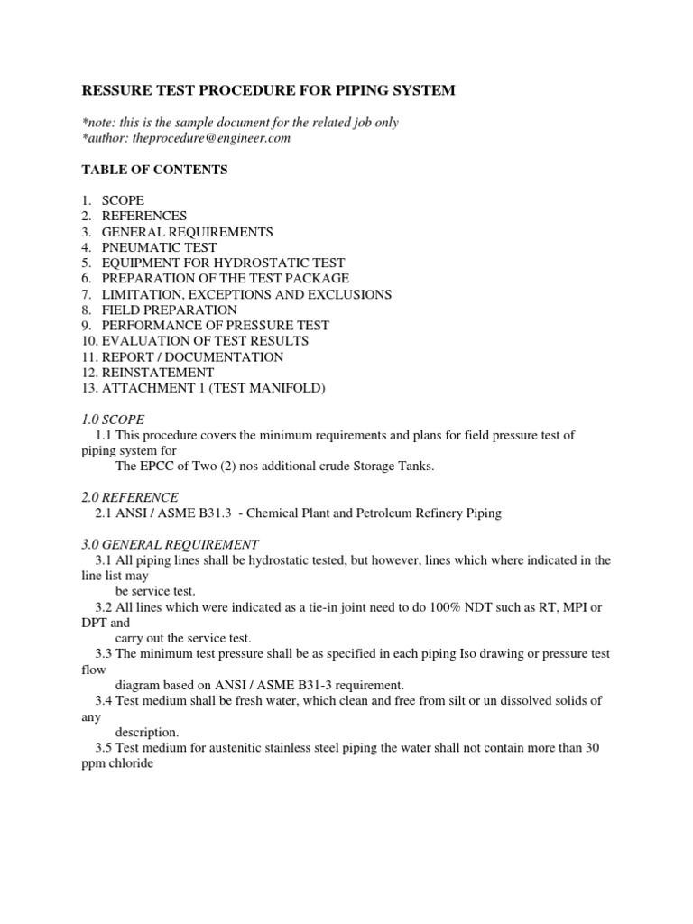 Pressure Test Procedure for Piping Systems | PDF | Valve | Pressure