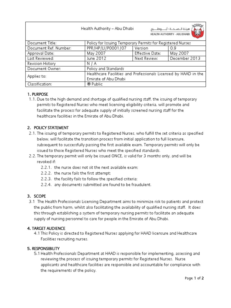Policy For Issuing Temporary Permits For Registered Nurses | PDF ...