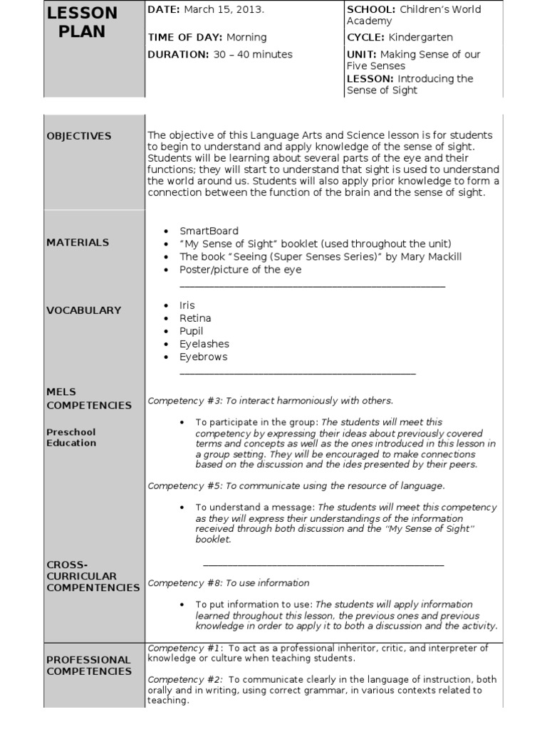 lesson plan - sight | Senses | Lesson Plan