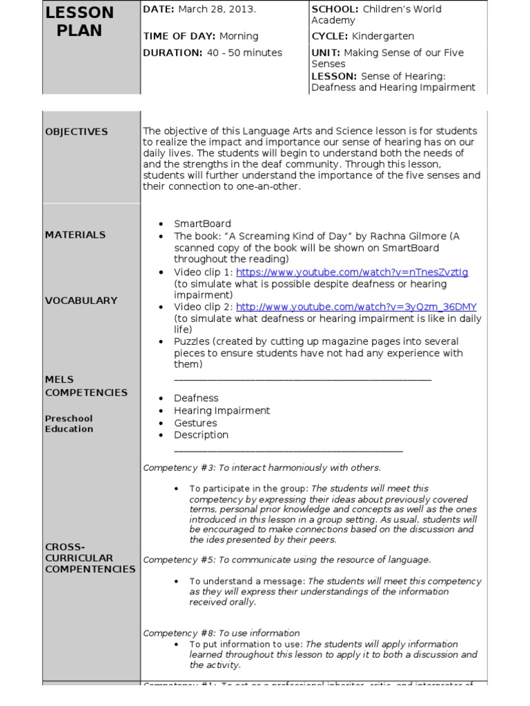 Hearing Impairment Lesson Plan | PDF | Hearing Loss | Cognition