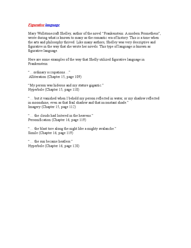 Figurative Language PDF Frankenstein