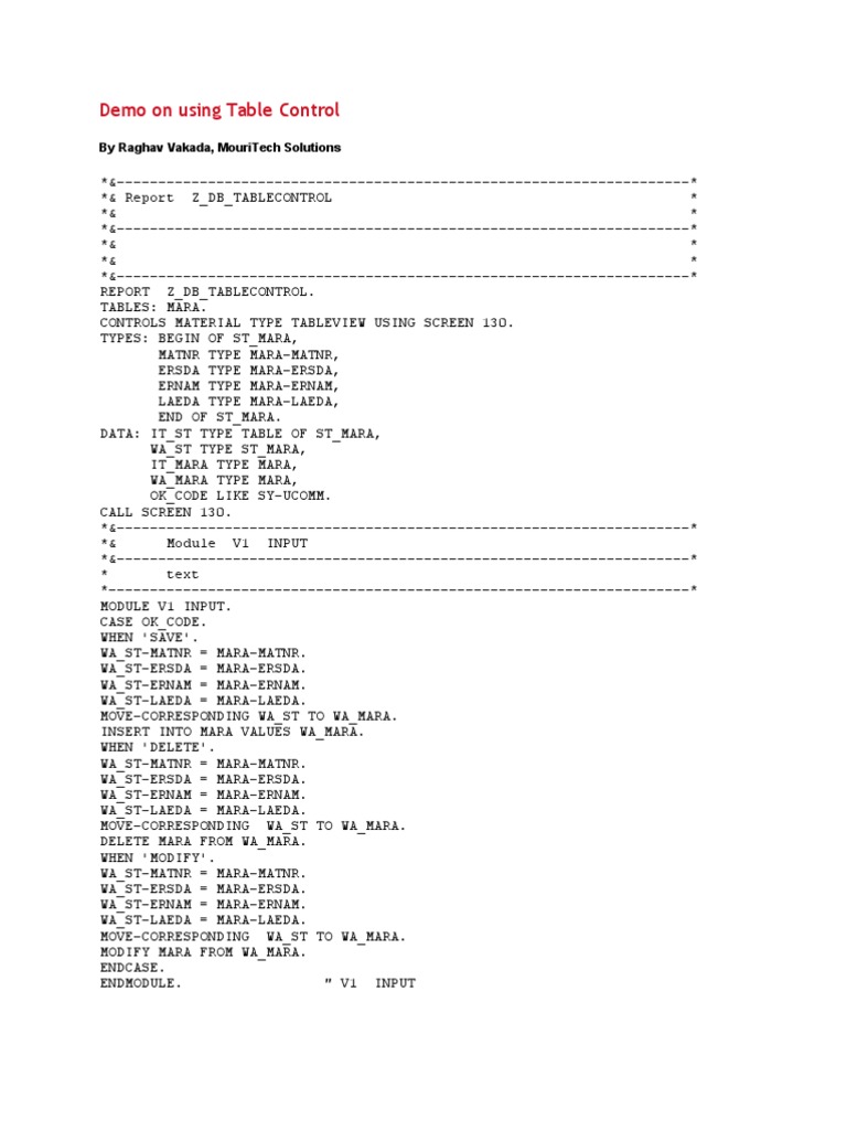 Table Control Demo in ABAP Programming | PDF