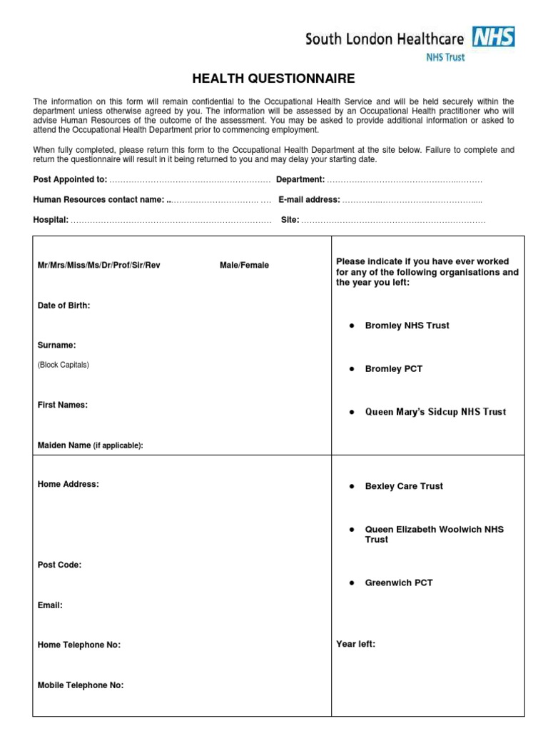 Occupational Health Questionnaire | PDF | Infection | Hepatitis