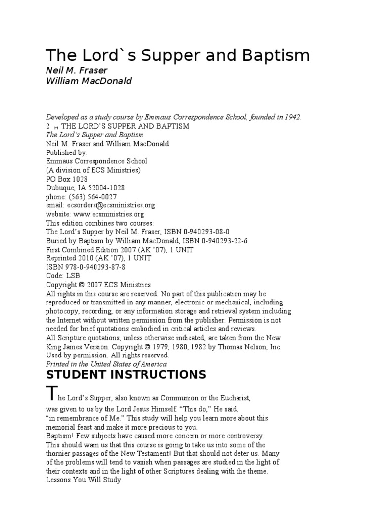 The Lord's Supper and Baptism | PDF | Eucharist | Baptism