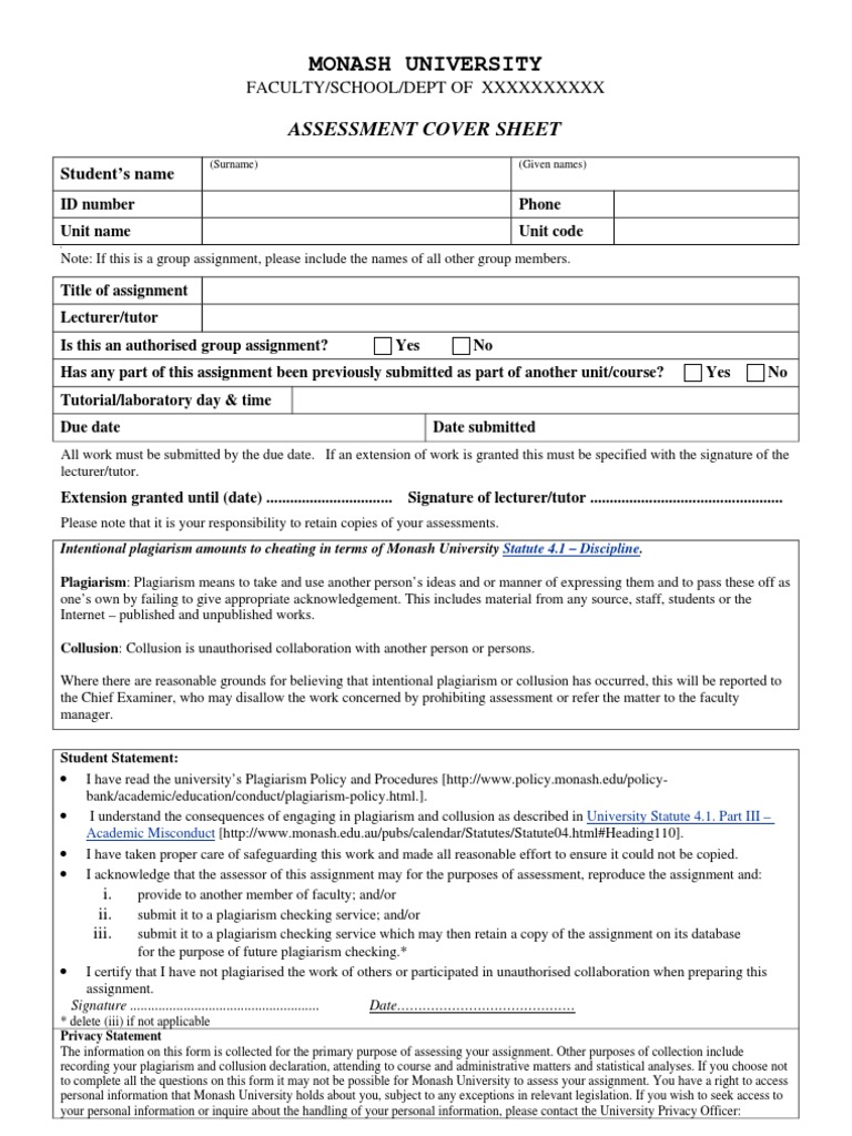 Monash University Assessment Cover Sheet | PDF | Plagiarism | Academic ...