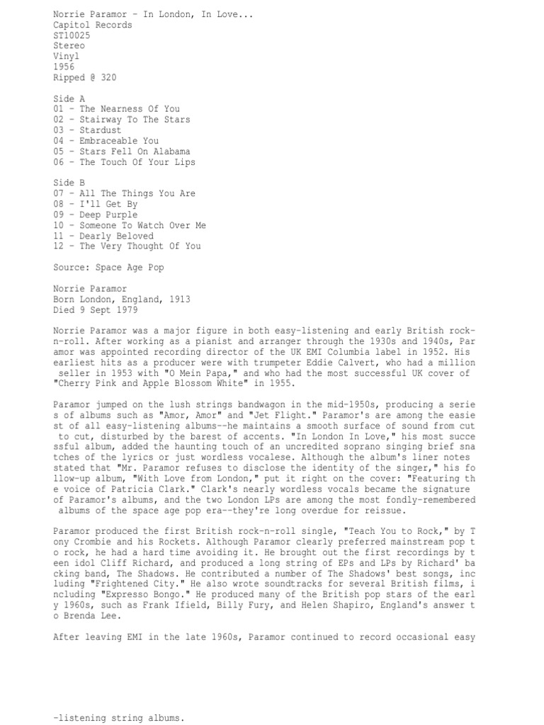 Norrie Paramor - in London, in Love | PDF | London | United Kingdom