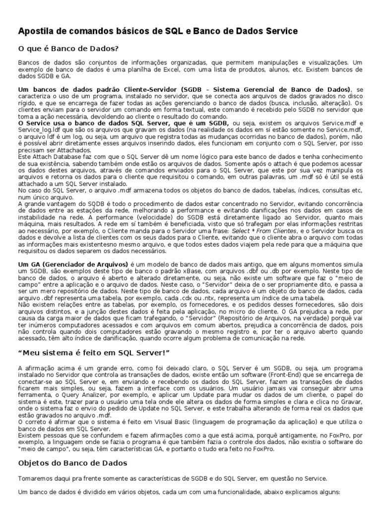 Apostila SQL Server | PDF | SQL | Bancos de dados