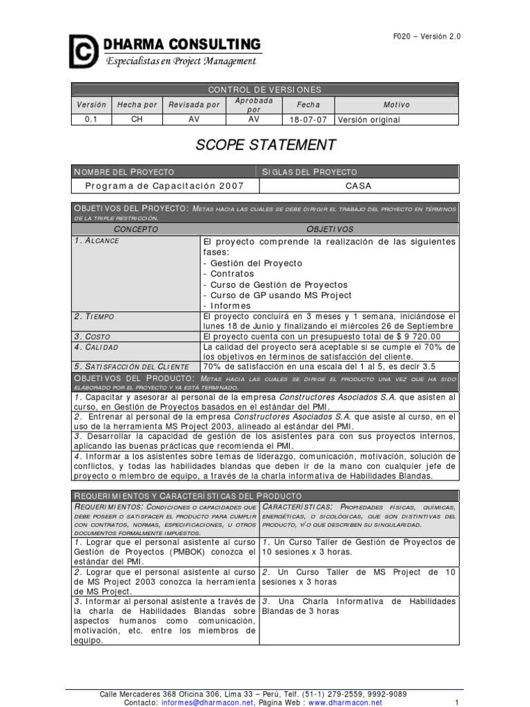 Ejemplo de Scope y Statement de Proyecto | PDF | Gestión de proyectos ...