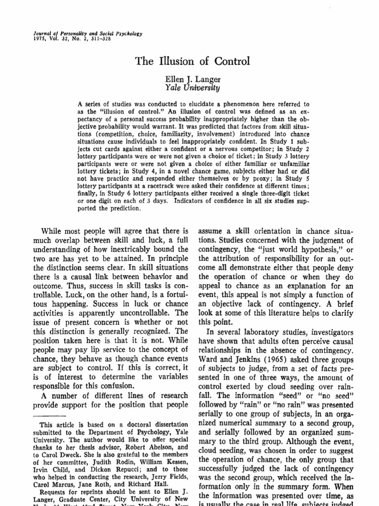 Langer - Illusion of Control | PDF | Experiment | Lottery