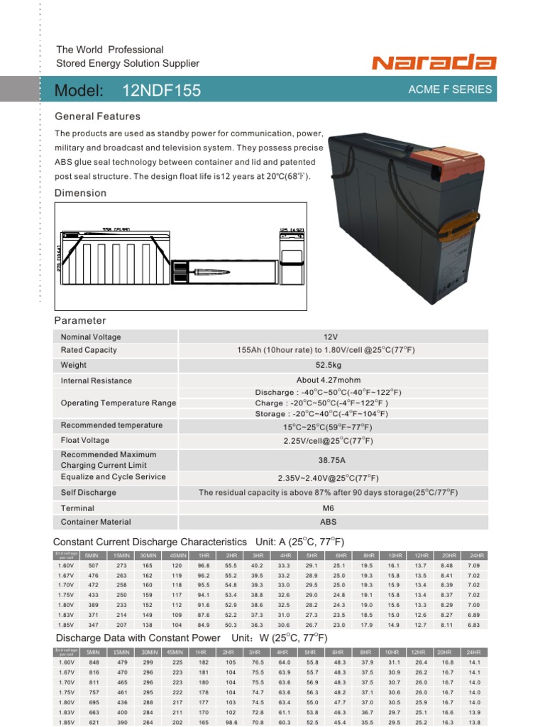 Narada 12NDF155 - Bateria PDF | PDF | Battery (Electricity) | Energy Storage