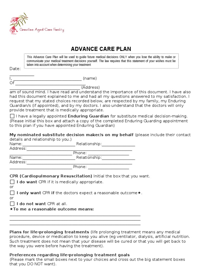 Advance Care Plan Blank | PDF | Cardiopulmonary Resuscitation | Health ...