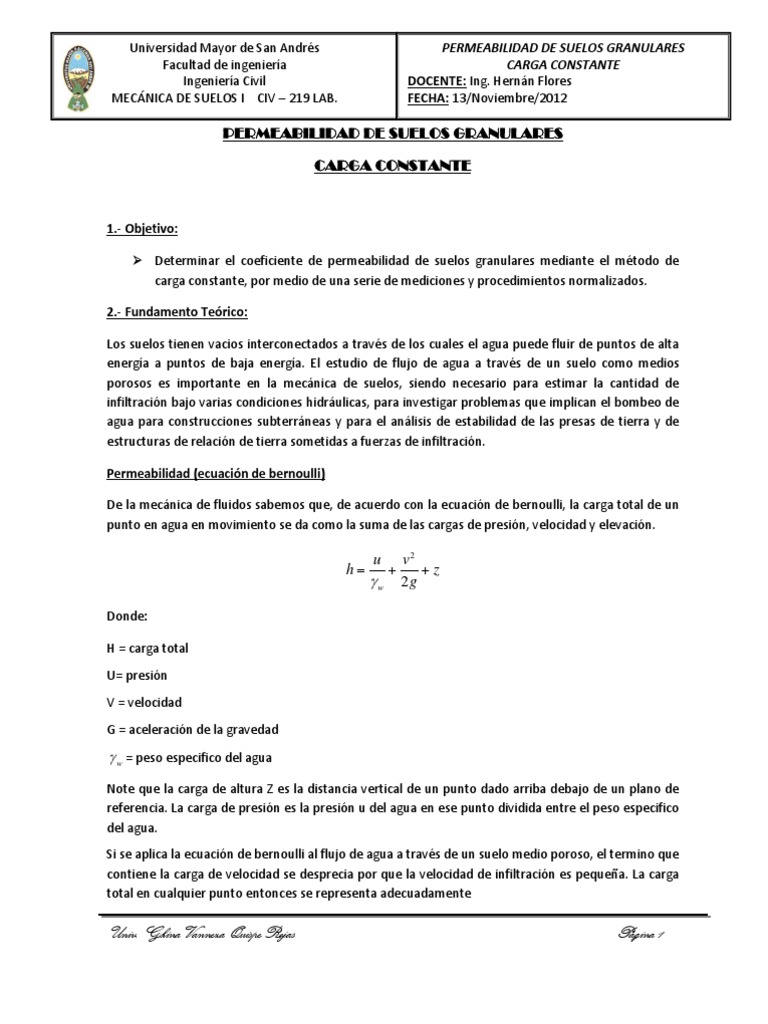 Permeabilidad de Suelos Granulares (Carga Constante) | PDF ...