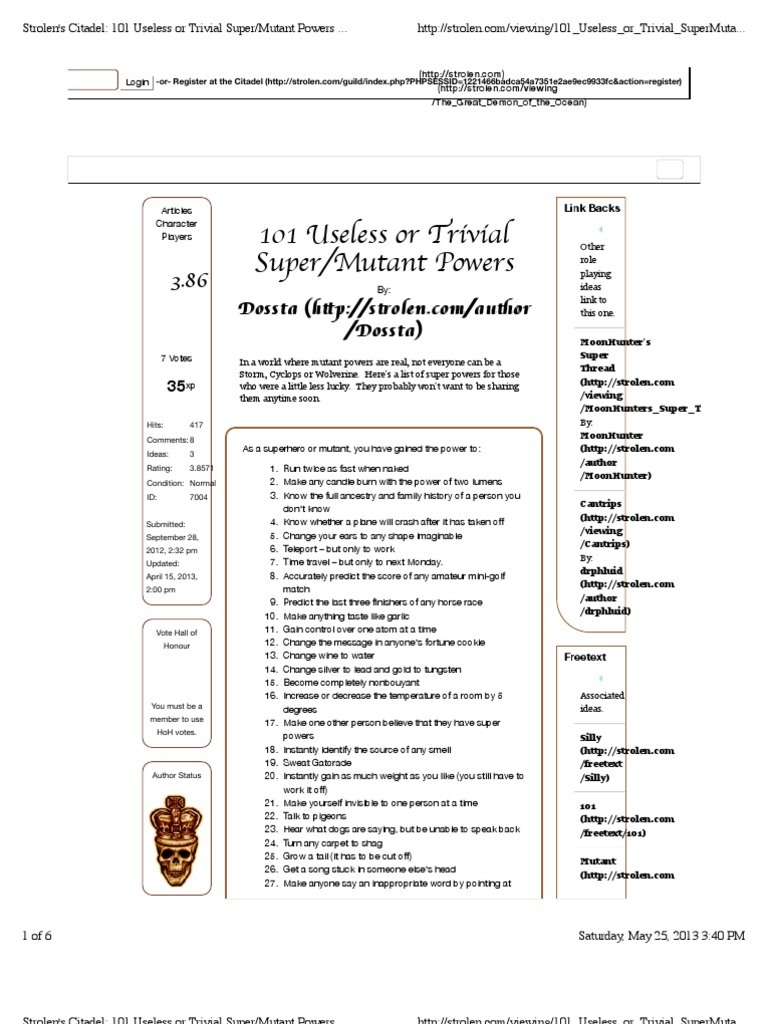101 Useless or Trivial Super/Mutant Powers | PDF | Nature | Leisure