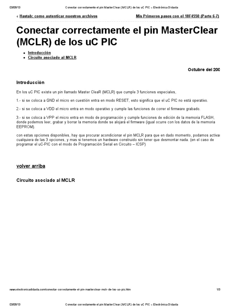 Conectar Correctamente El Pin MasterClear (MCLR) de Los Uc PIC | PDF ...