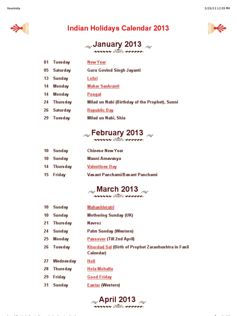 Indian Holidays Calendar 2013 | PDF | Religious Holidays | Observances