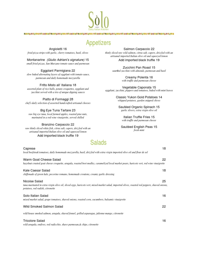 Solo Menu 6-4-13 | PDF | Pesto | Salad