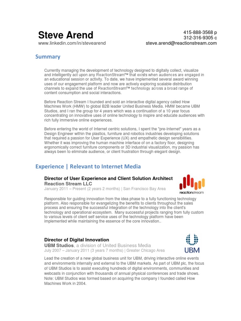 Steve Arend Resume | PDF | Mass Media | Entrepreneurship