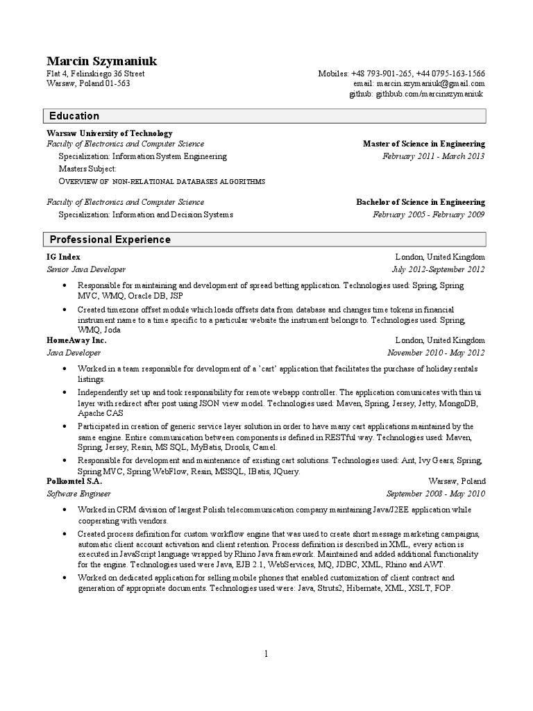 CV Marcin Szymaniuk | PDF | Databases | Java (Programming Language)