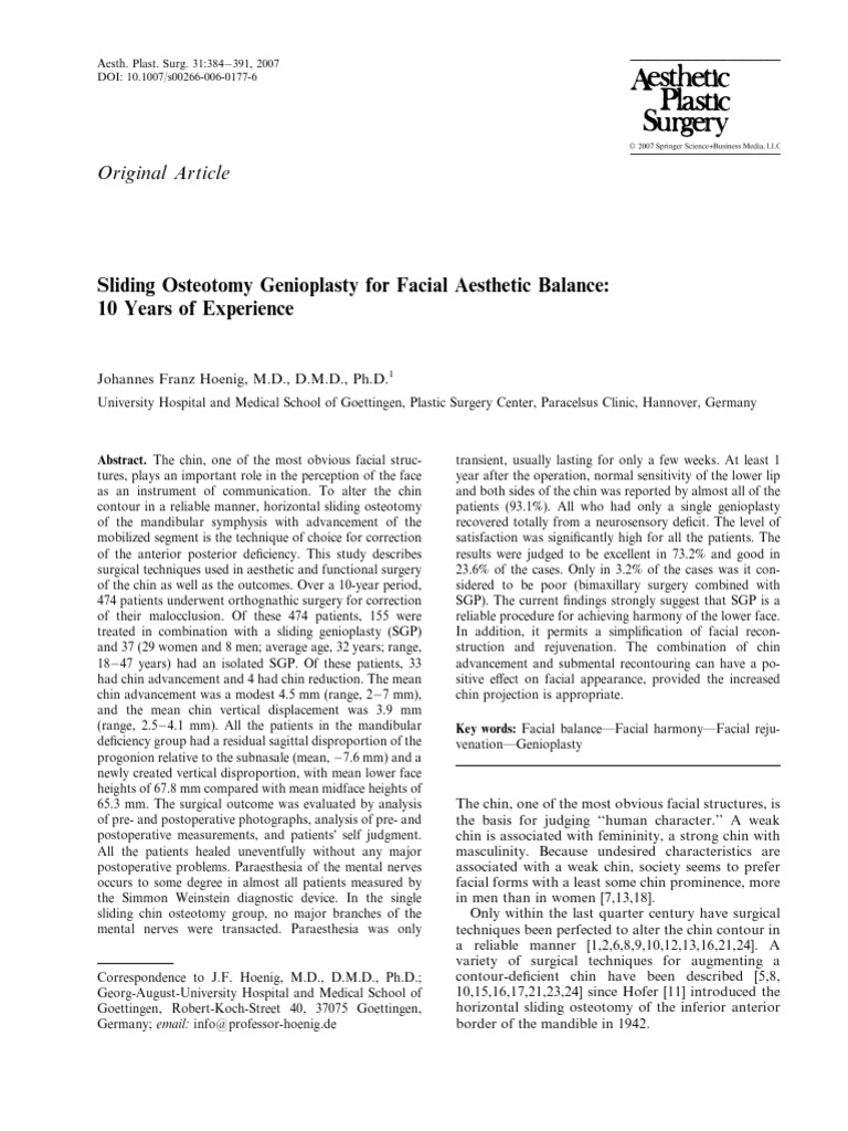 Sliding Osteotomy Genioplasty for Facial Aesthetic Balance: 10 Years of ...