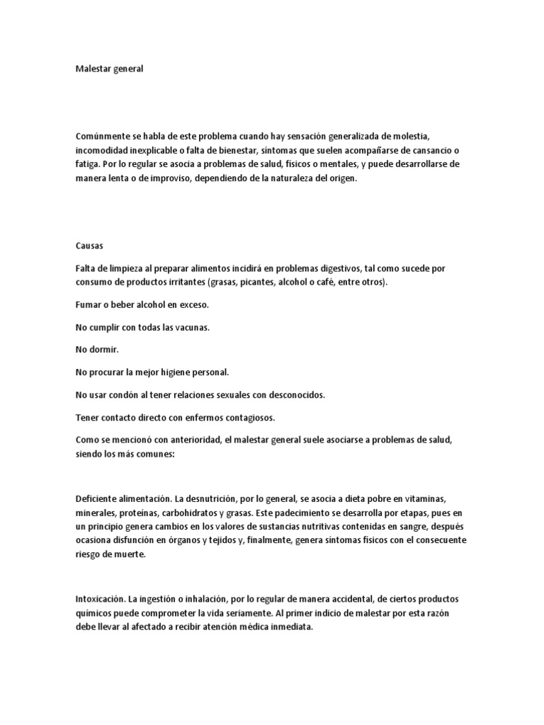 Malestar General | PDF | Síndrome de fatiga crónica | Trastorno mental