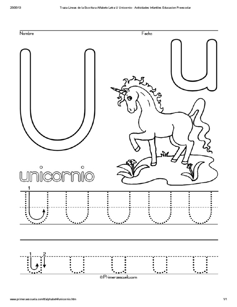Traza Lineas de La Escritura Alfabeto Letra U Unicornio - Actividades ...