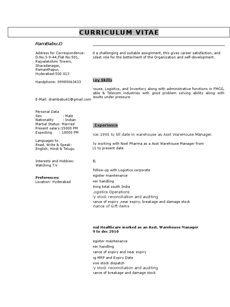 Curriculum Vitae: Rambabu.D | PDF