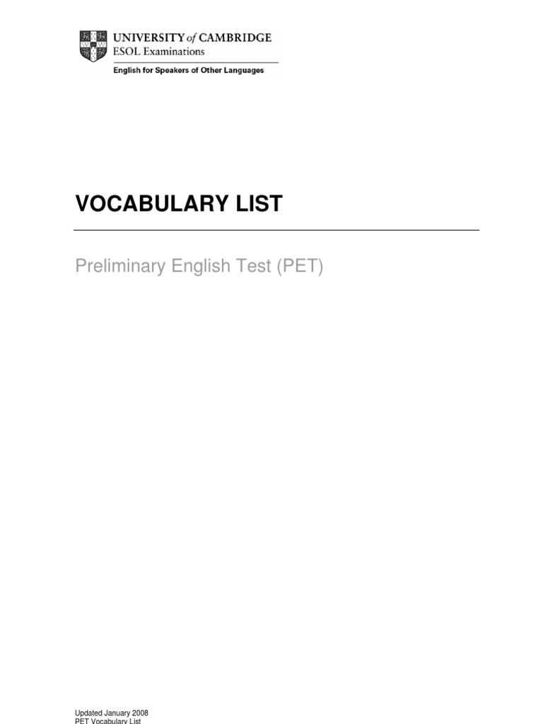 Cambridge Pet Vocabulary | PDF | Word | Verb