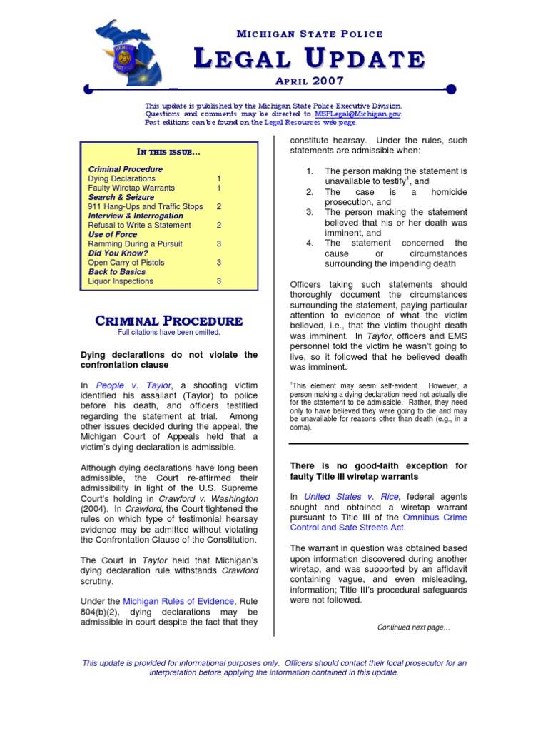 MSP Legal Update - April 2007 198953 7 | PDF | Confrontation Clause ...