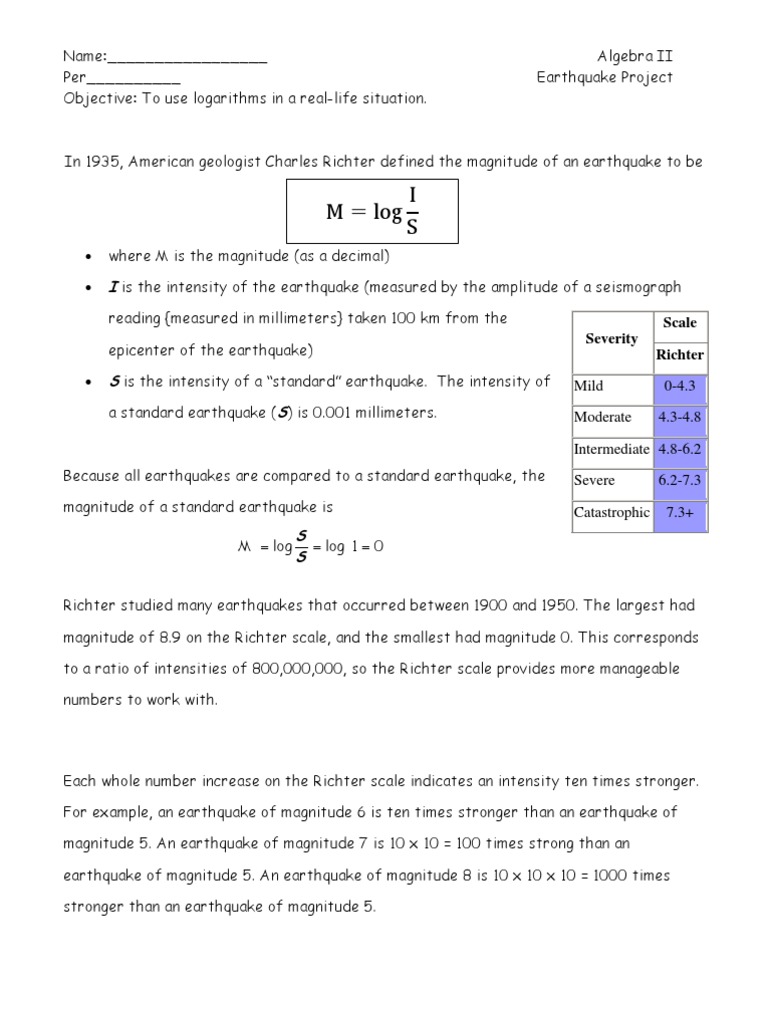Earthquake Project On Logarithms | PDF | Natural Disasters | Earthquakes
