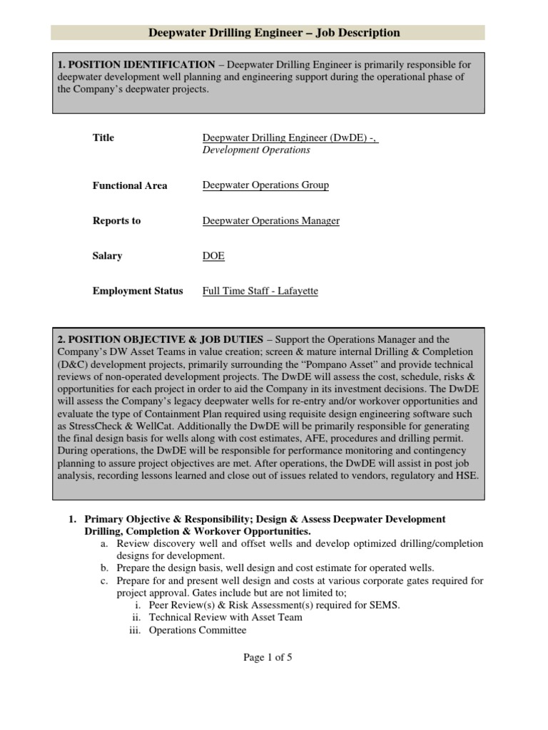 Deepwater Drilling Engineer - Job Description: Development Operations ...