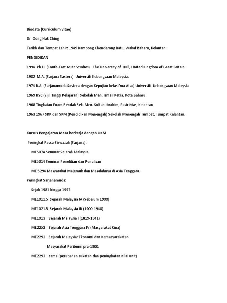 Biodata DR Oong Hak Ching | PDF